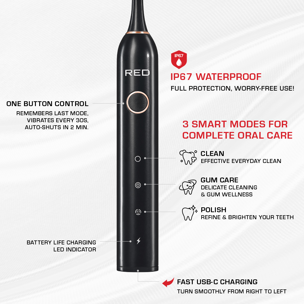 Red by Kiss - Hypersonic Sonic Electric Toothbrush – Waterproof Design ...