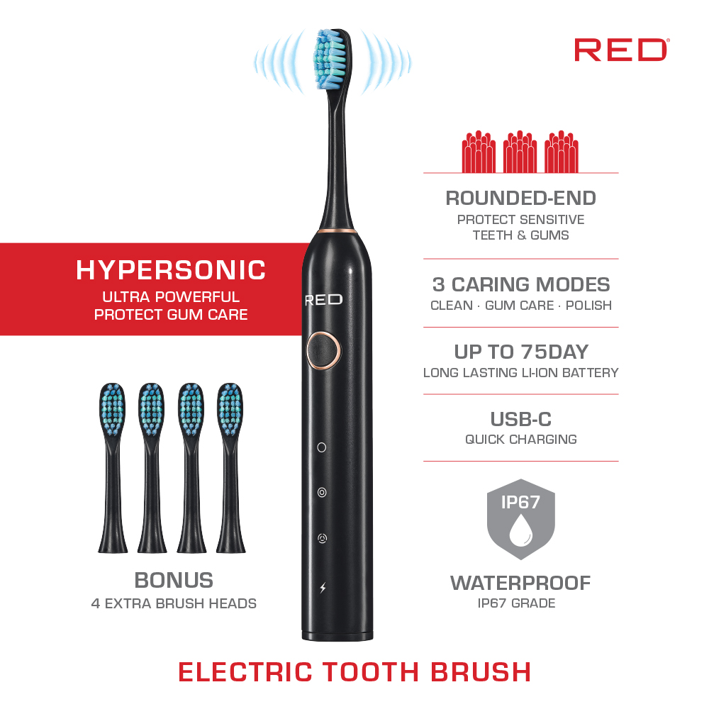 Red by Kiss - Hypersonic Sonic Electric Toothbrush – Waterproof Design ...